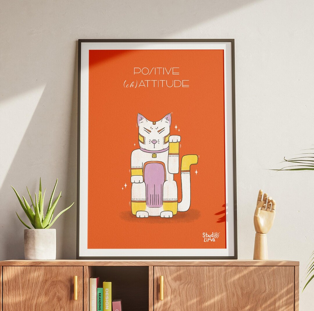 Lucky Cats Illustrated Poster - "positive (ch)attitude" - Etsy
