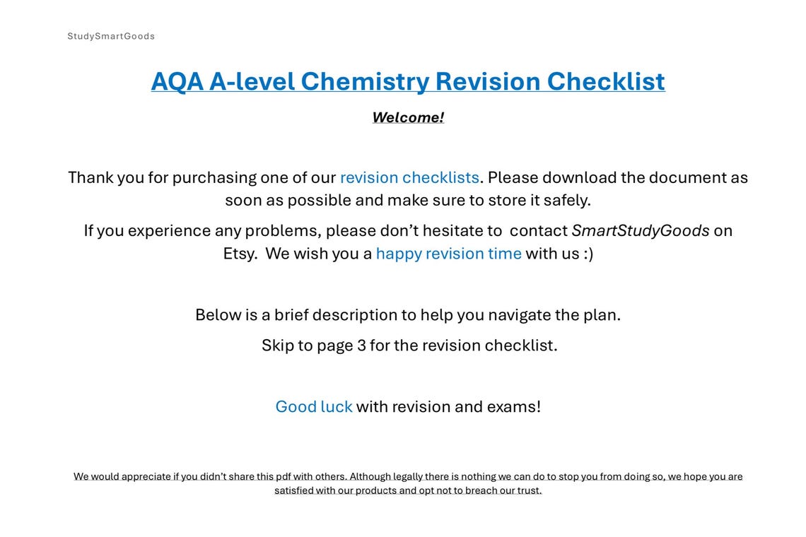 AQA A-level Chemistry Revision Checklist - Etsy
