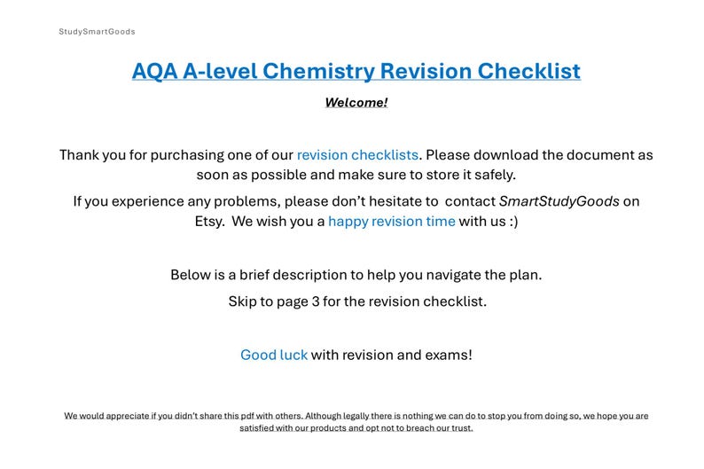 AQA A-level Chemistry Revision Checklist - Etsy