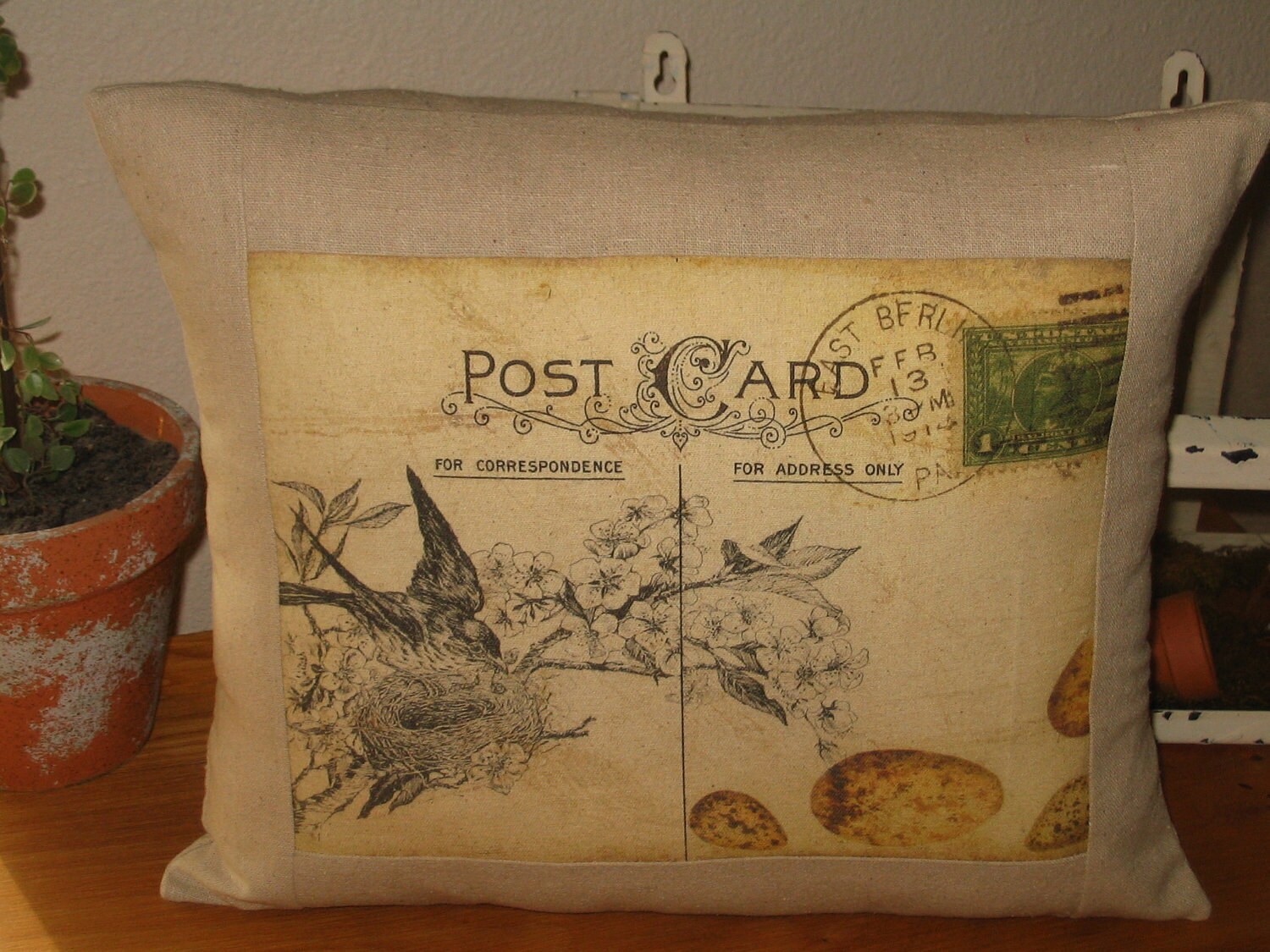 Postcard Bird and Nest Pillow Cover Cottage Style Bird | Etsy