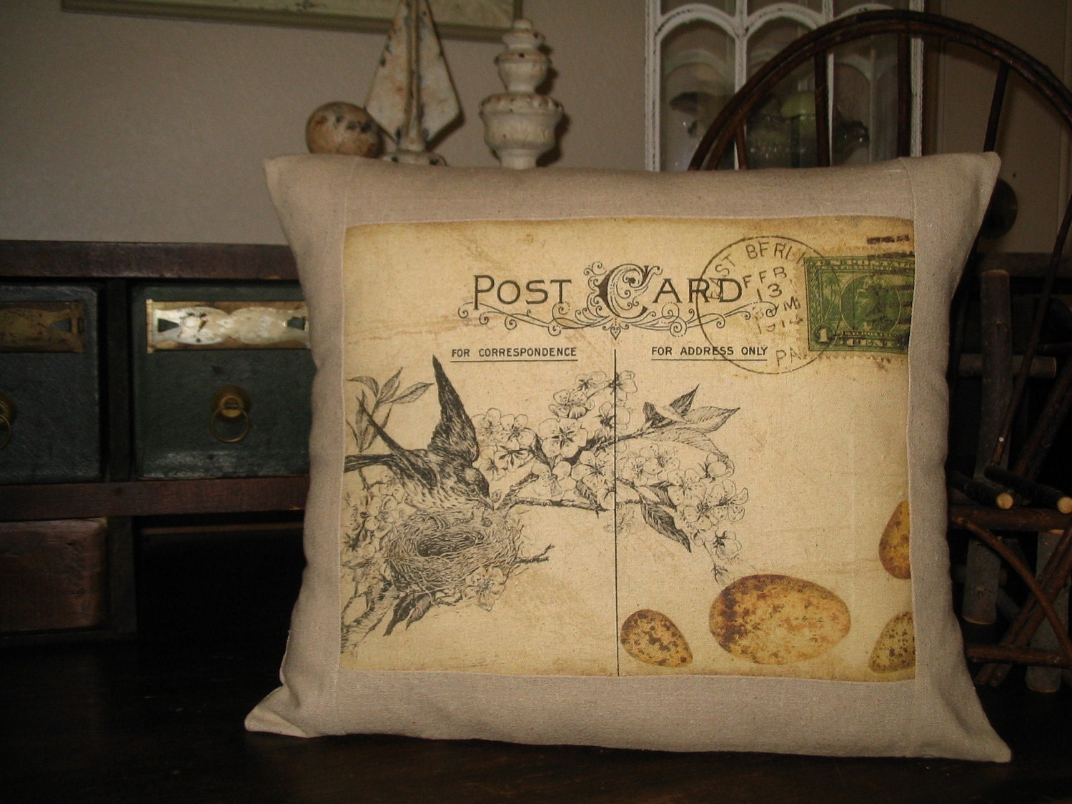 Postcard Bird and Nest Pillow Cover Cottage Style Bird | Etsy