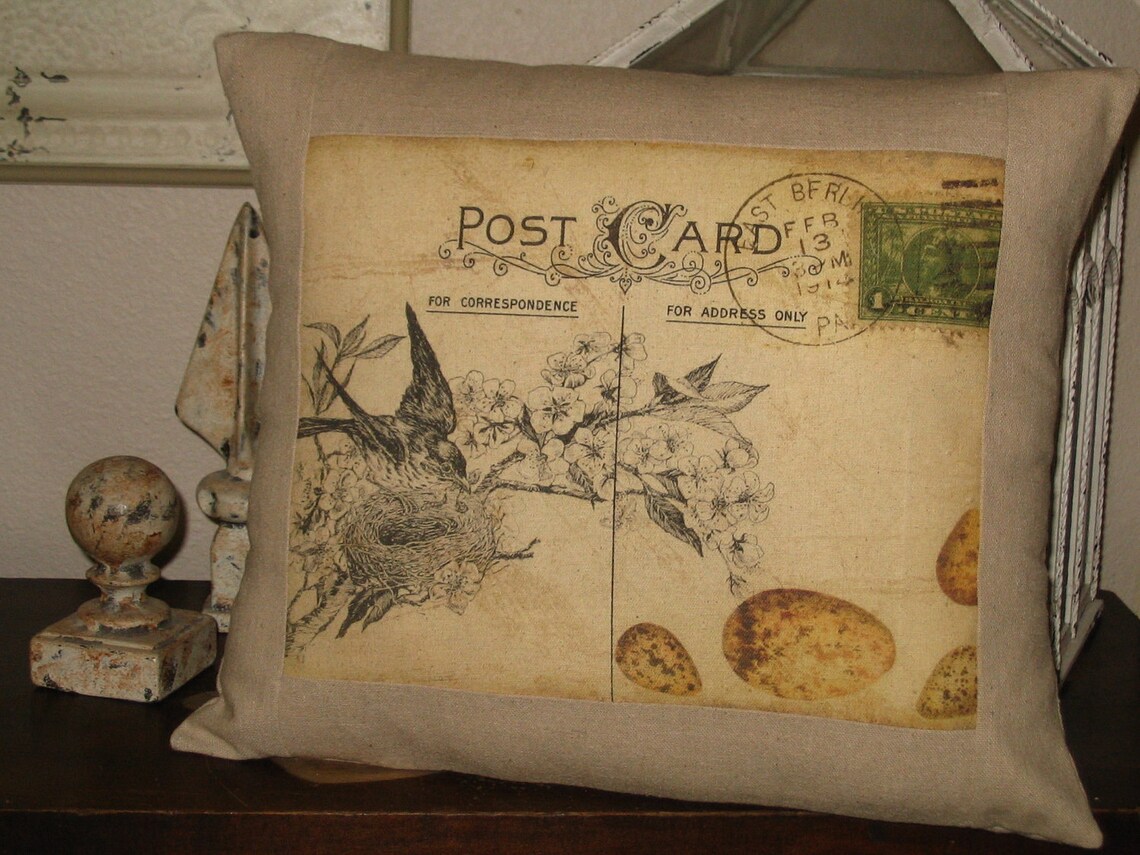 Postcard Bird and Nest Pillow Cover Cottage Style Bird | Etsy