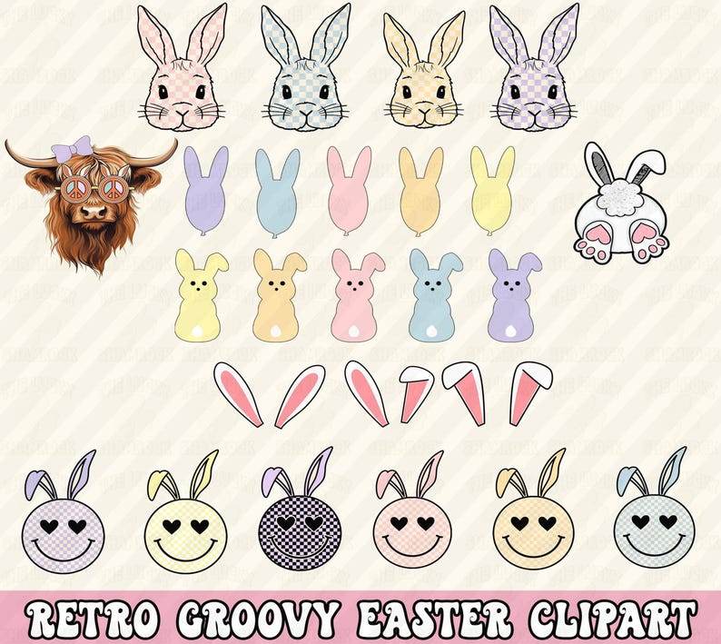 Retro Groovy Easter Clipart Bundle, Easter Clip Art Png Bundle, Spring ...