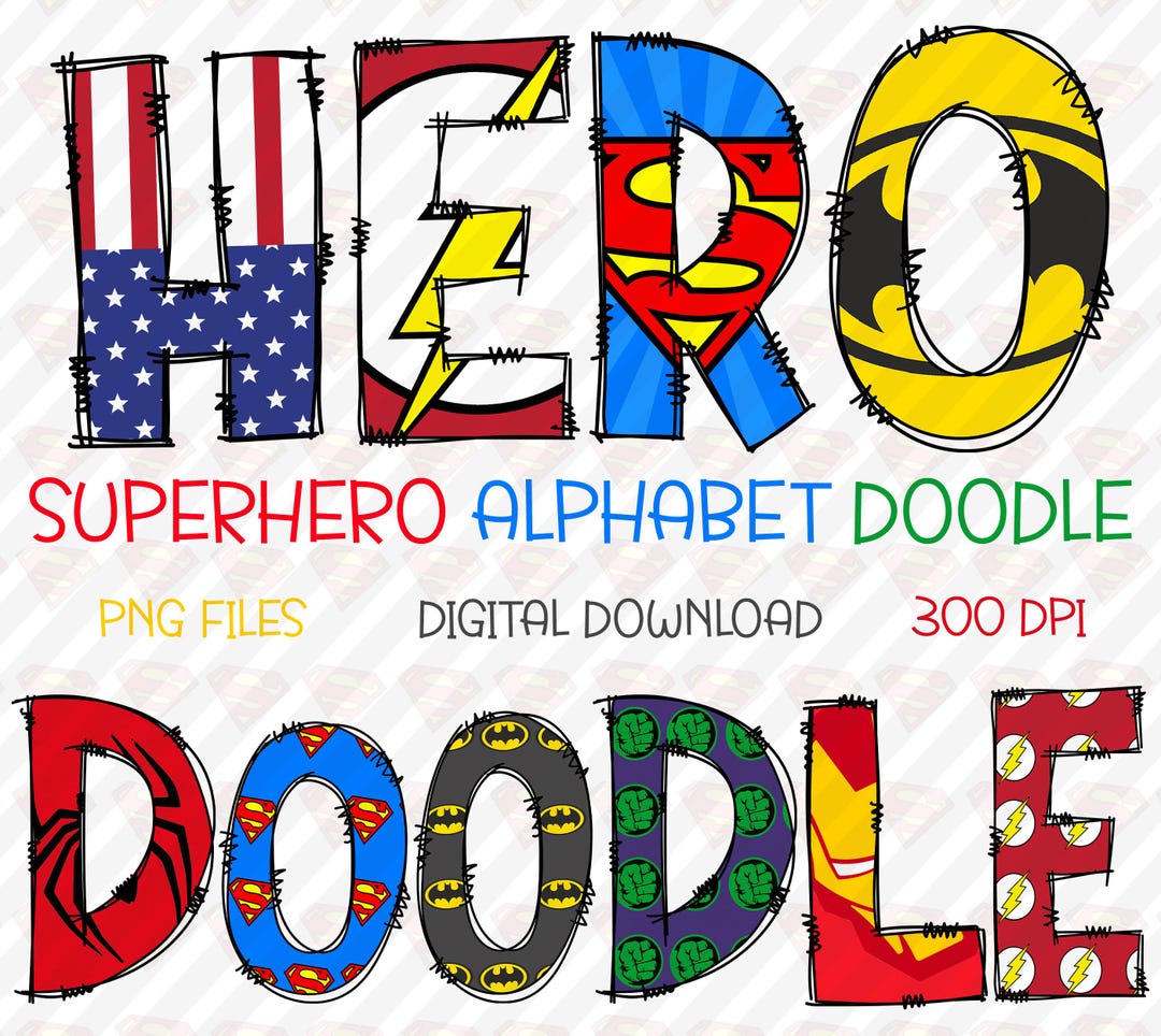 Superhero Alphabet Png Bundle, Super Hero Doodle Letters Kids ...