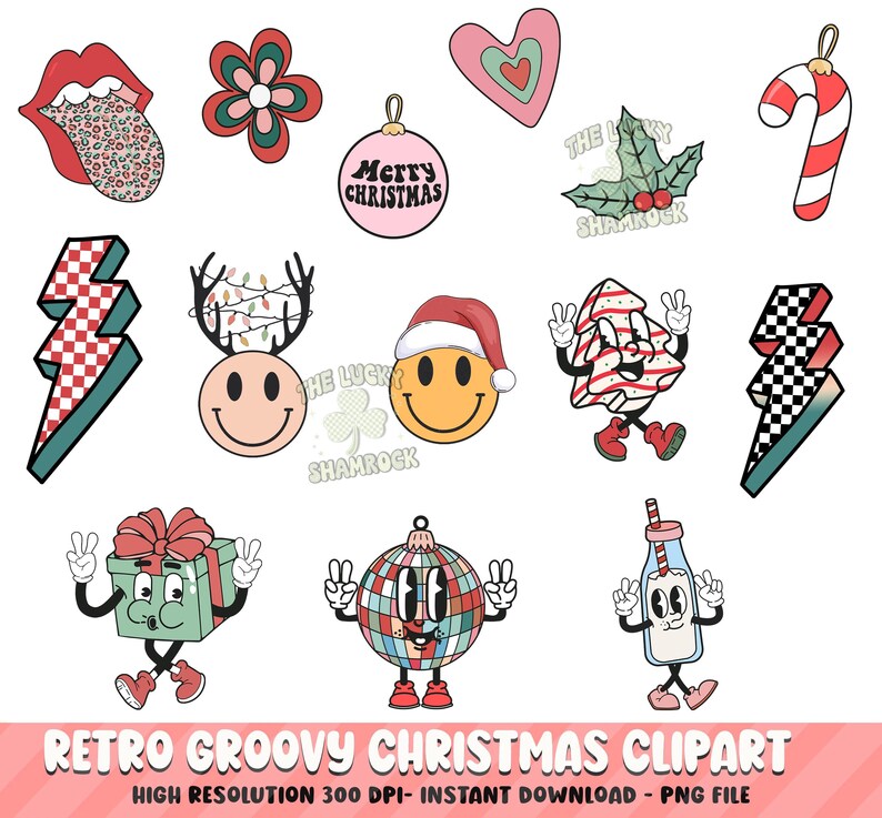 Retro Christmas Clipart Bundle, Retro Christmas Png, Santa Png, Pink ...