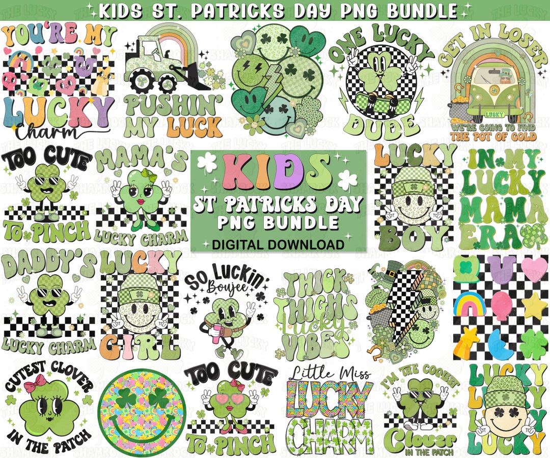 St Patricks Day PNG Bundle for Kids – Retro Shamrock Lucky Toddler ...
