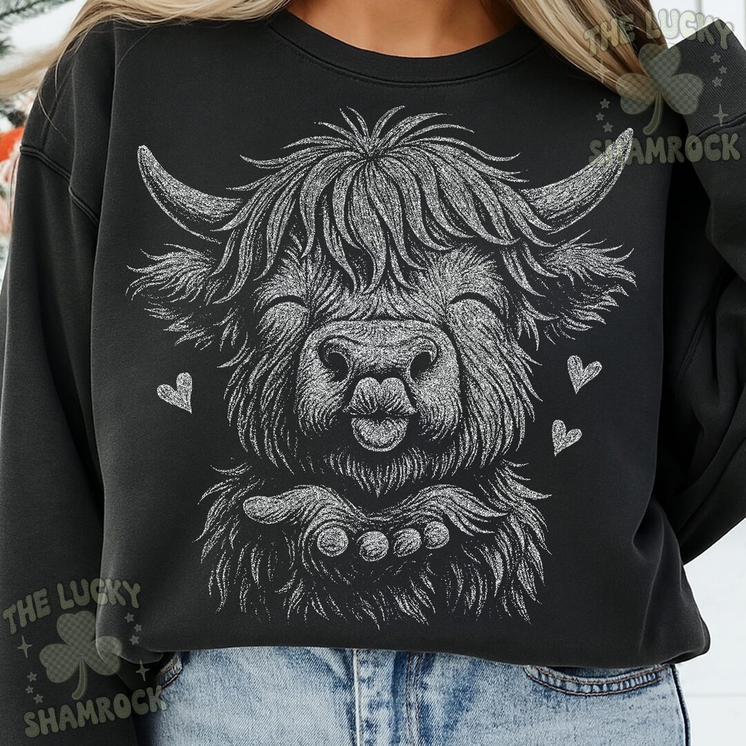 Valentine Highland Cow PNG, Chalk Sketch Cow With Hearts, Cute Farm ...