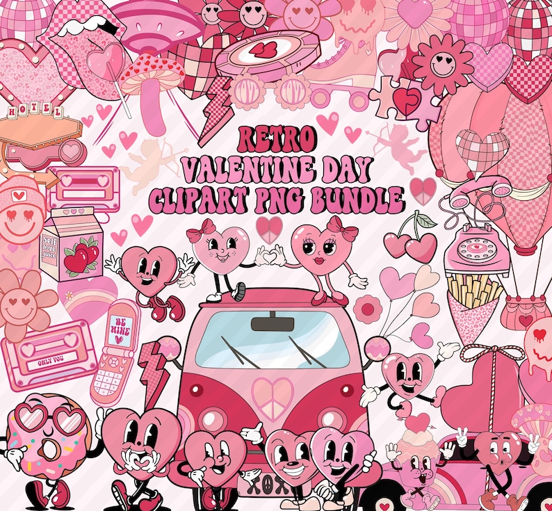 Retro Valentine Clipart Bundle, Retro Valentine Png, Valentines Clip ...