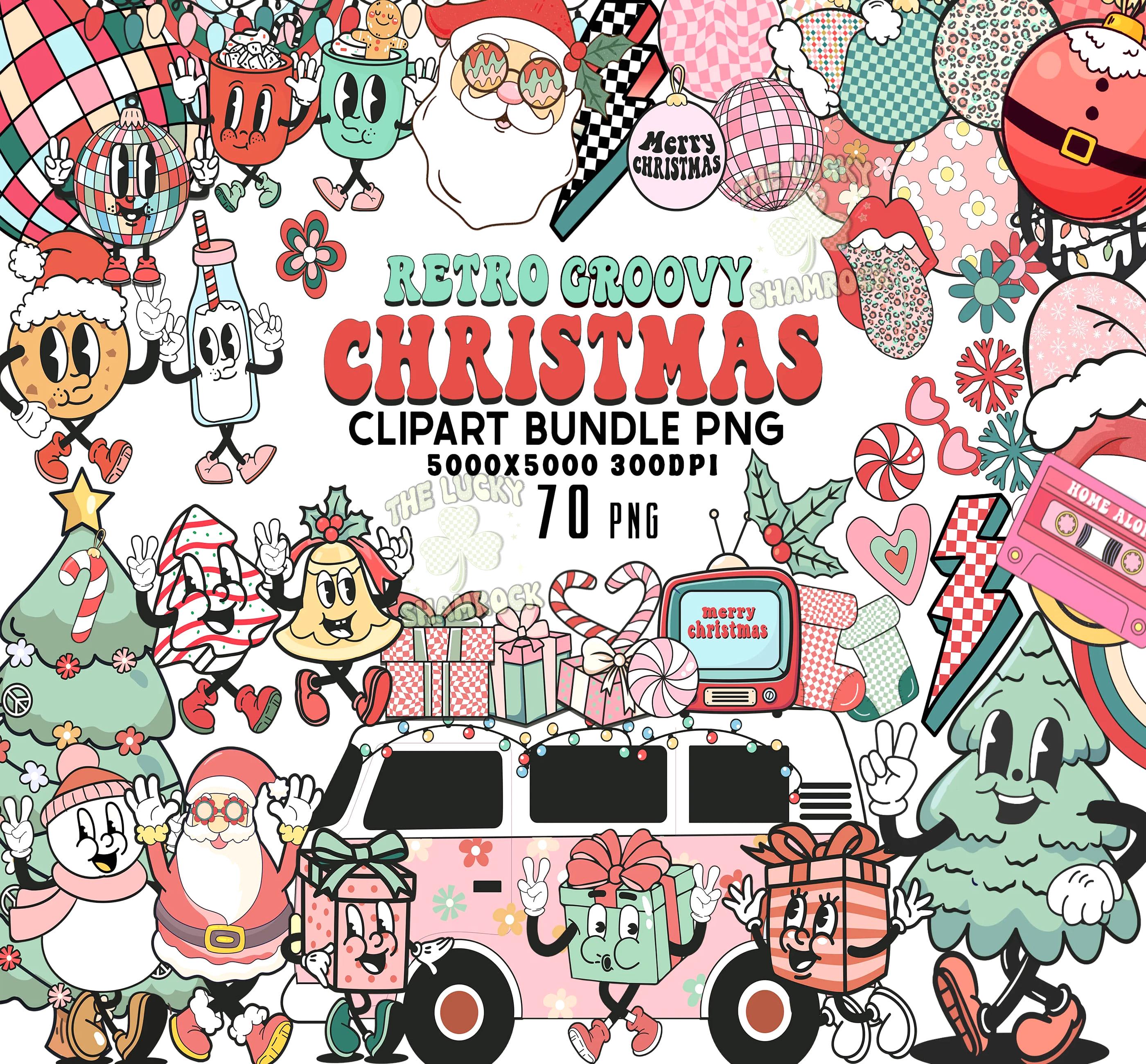 Retro Christmas Clipart Bundle, Retro Christmas Png, Santa Png, Pink ...