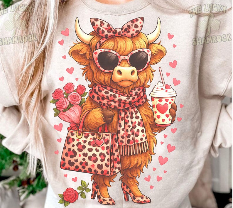 Cute Valentine Highland Cow Png, Girly Outfit Cow Png, Trendy Valentine ...