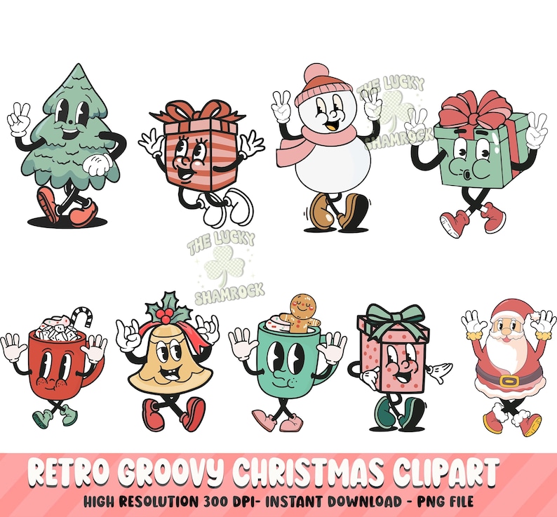 Retro Christmas Clipart Bundle, Retro Christmas Png, Santa Png, Pink ...