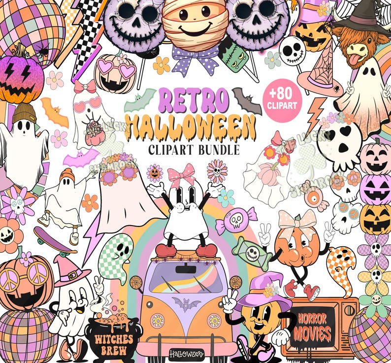 Retro Halloween Clipart Bundle, Halloween Bow Png, Groovy Halloween ...