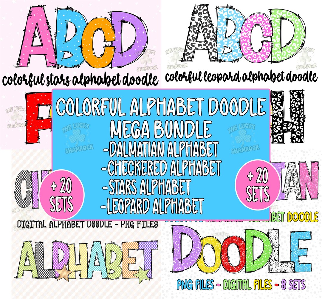 Mega Alphabet Doodle PNG Bundle, Dalmatian, Checkered, Leopard & Stars ...