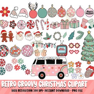Retro Christmas Clipart Bundle, Retro Christmas Png, Santa Png, Pink ...