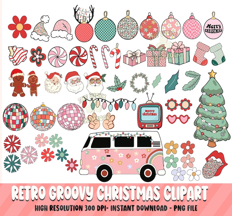 Retro Christmas Clipart Bundle, Retro Christmas Png, Santa Png, Pink ...