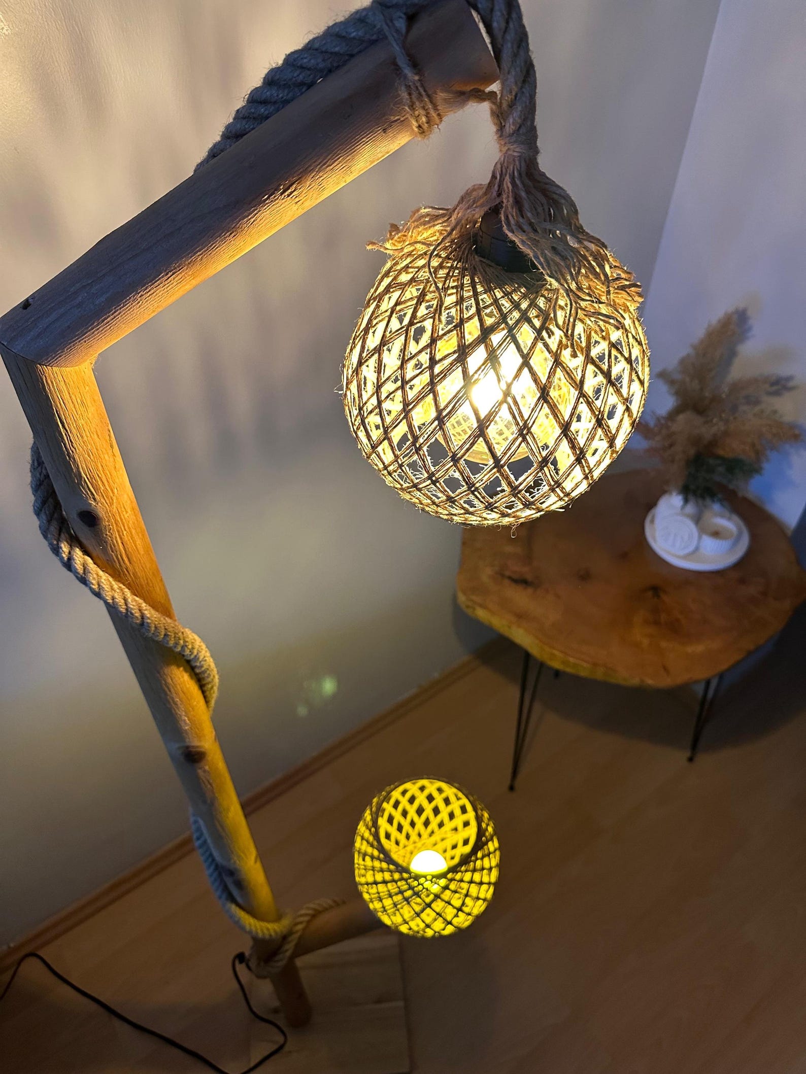 Rustic Wooden Floor Lamp, Handmade Tree Lamp, Boho Corner Light, Pine ...