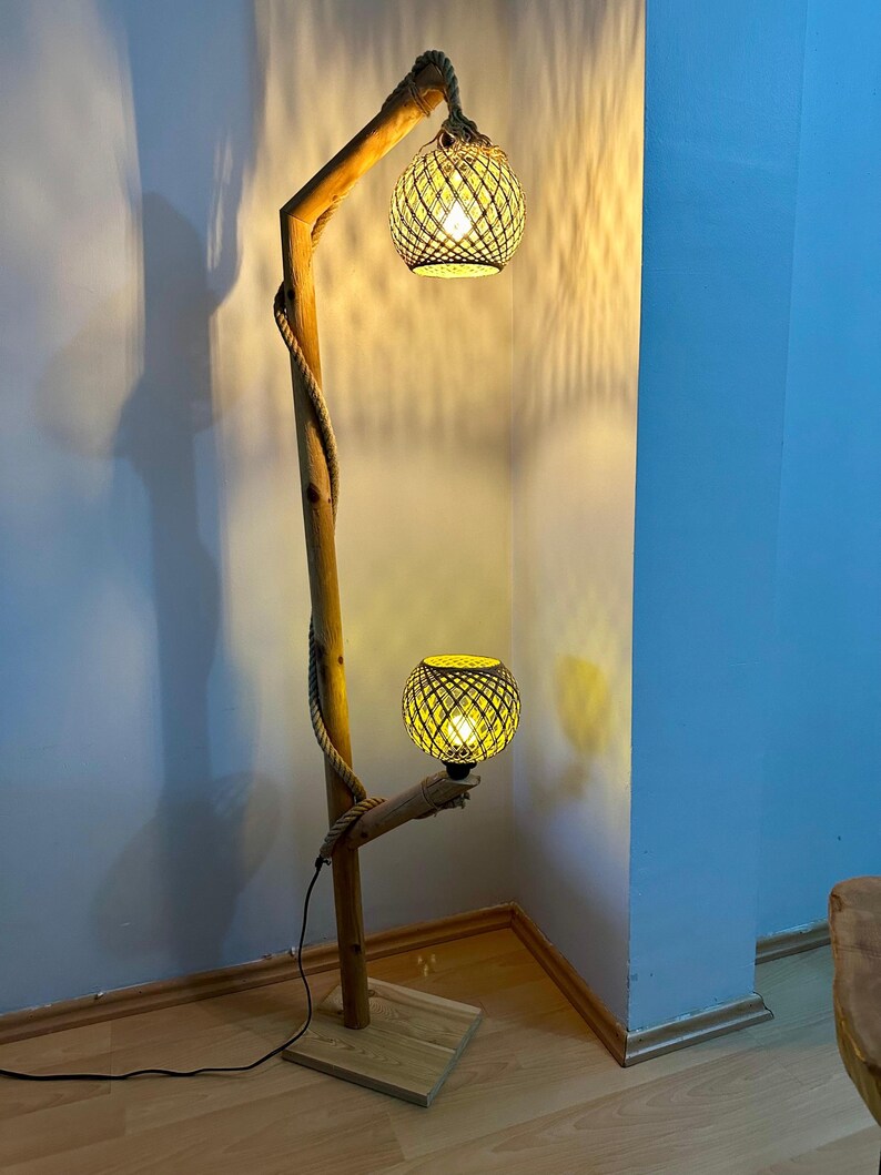 Rustic Wooden Floor Lamp, Handmade Tree Lamp, Boho Corner Light, Pine ...