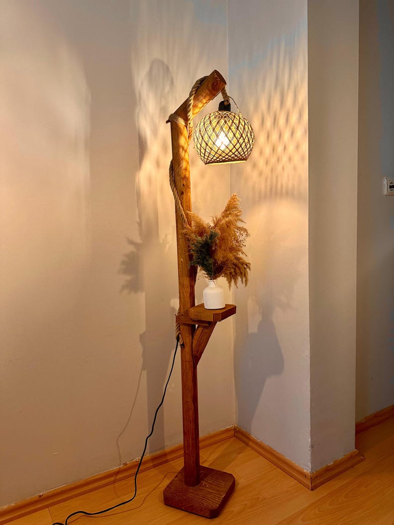 Rustic Wooden Tree Floor Lamp: Handmade Pine, Varnished Finish, 140cm ...