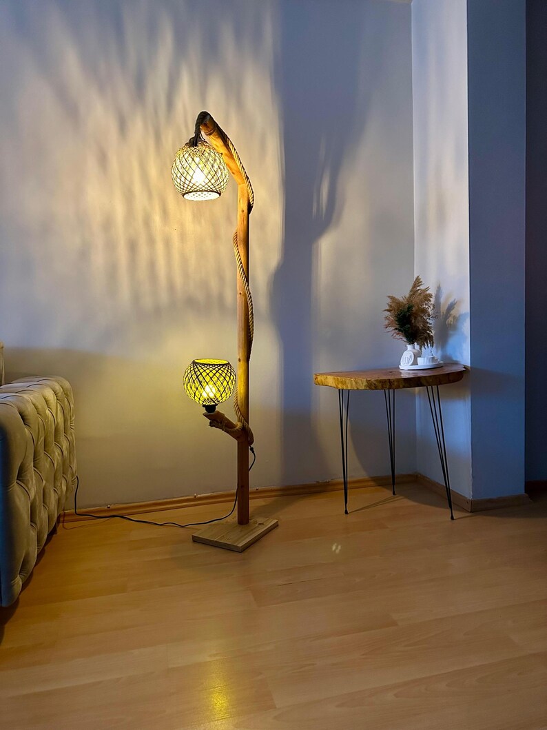 Rustic Wooden Floor Lamp, Handmade Tree Lamp, Boho Corner Light, Pine ...