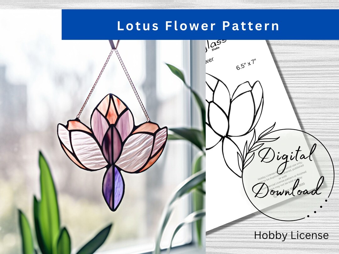 Stained Glass Lotus Flower Pattern for Download, Retro Flower Pattern ...