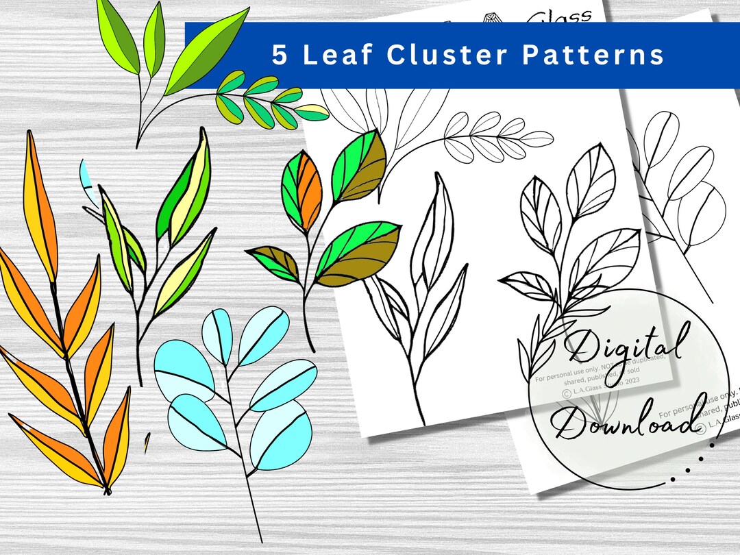 Stained Glass Leaf Cluster Pattern Set of 5, PDF Instant Download ...