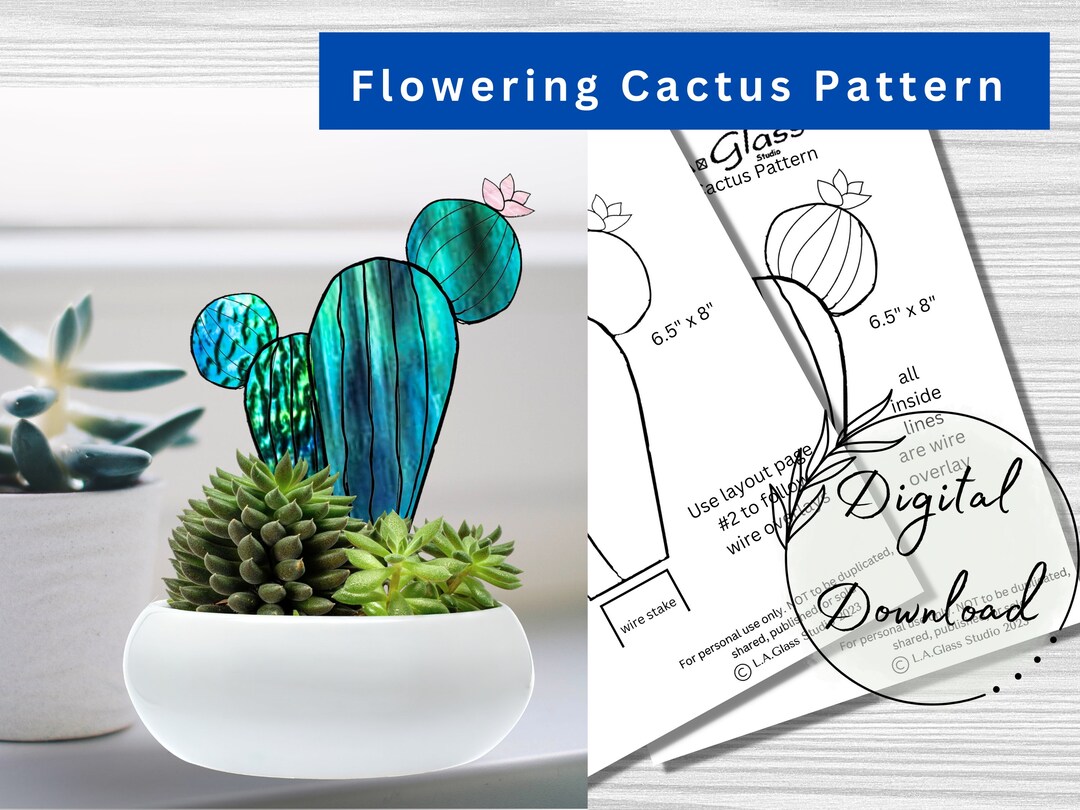 Stained Glass Flowering Cactus Plant Stake Pattern PDF - Etsy