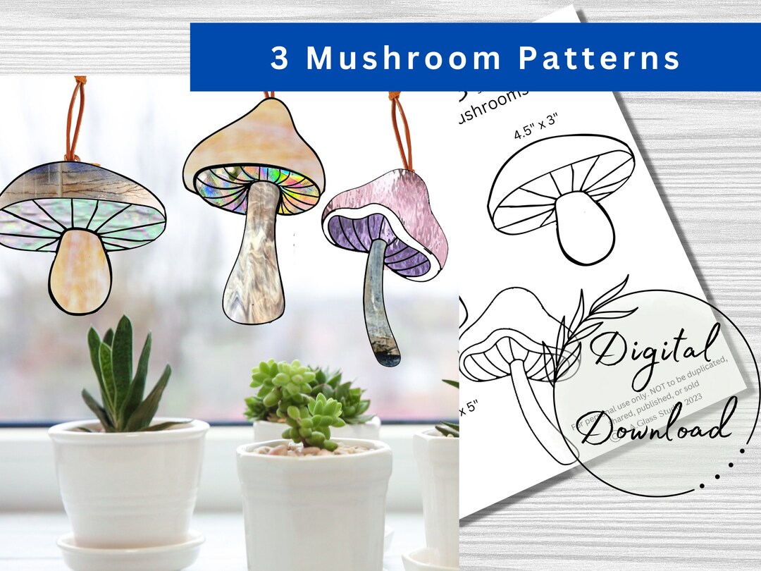 Three Stained Glass Mushrooms Digital Patterns, Window Decor, Mushroom ...