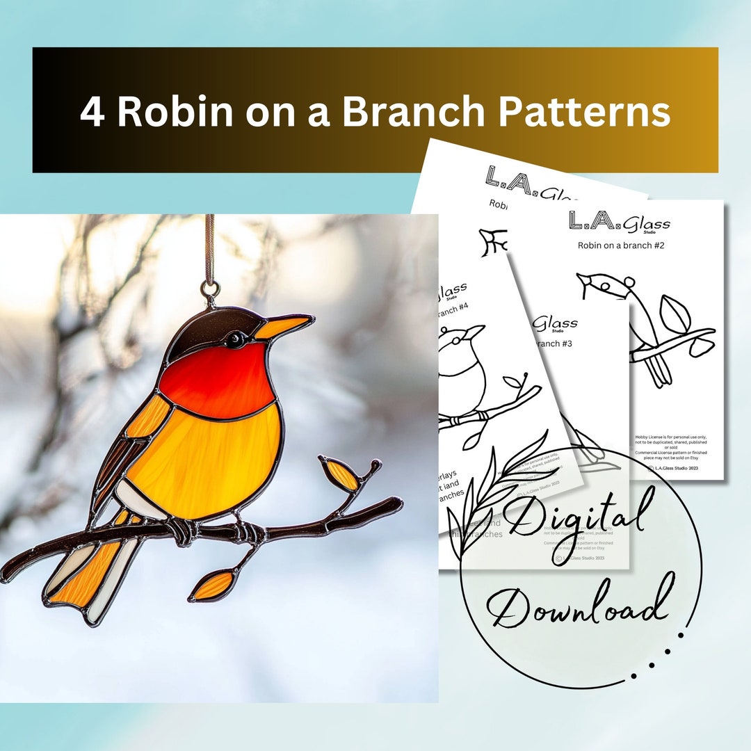 4 Stained Glass Robin on a Branch Suncatchers PDF Patterns Instant ...
