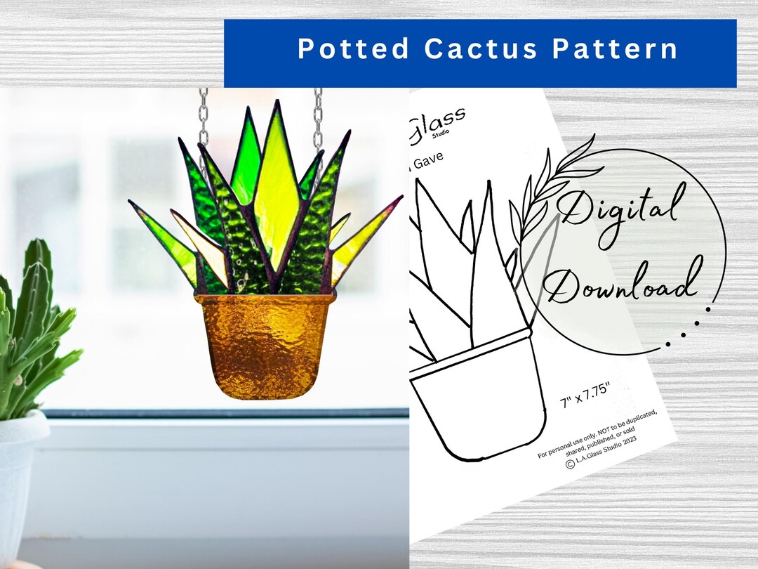 Stained Glass Potted Agave Suncatcher Pattern for Download, Desert ...