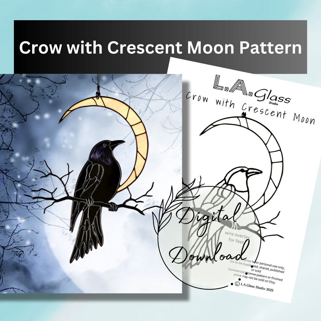 Stained Glass Crow With Crescent Moon PDF Pattern Digital Download Beginner-friendly Spooky Gift ...