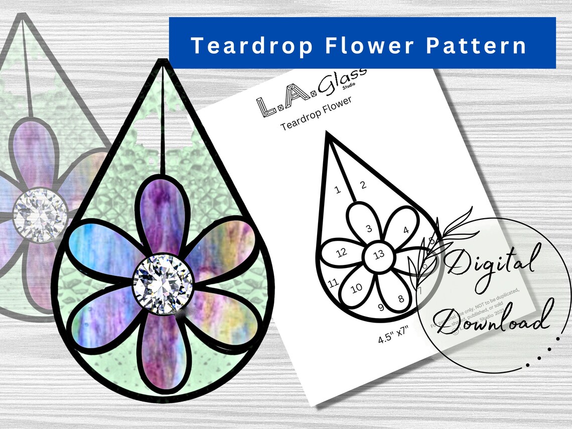 Stained Glass Teardrop Flower Digital Pattern, Window Decor, Flower ...