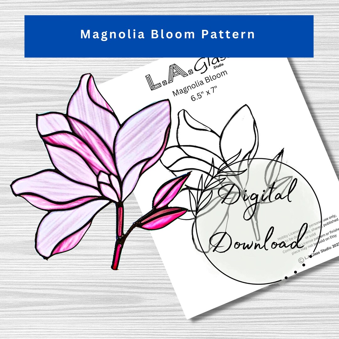 Stained Glass Magnolia Bloom Pattern for Download, Retro Flower Pattern ...
