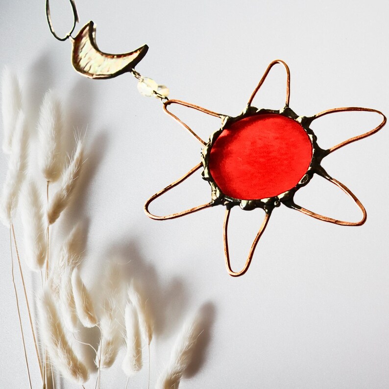 Celestial Stained Glass Suncatcher – Sun & Iridescent Moon, Boho Window ...