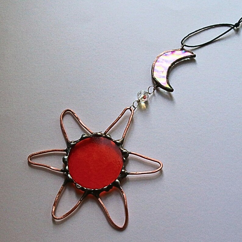 Celestial Stained Glass Suncatcher – Sun & Iridescent Moon, Boho Window ...