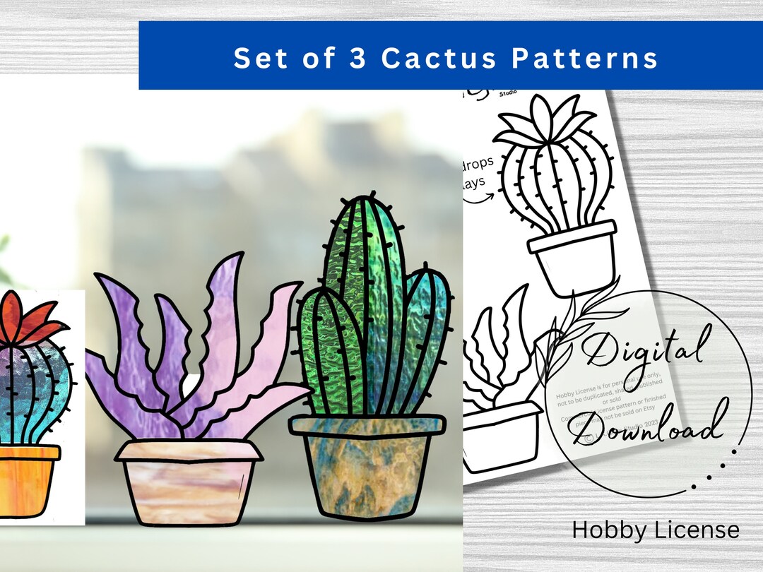 Set of 3 Stained Glass Cactus Patterns for Download, Suncatcher ...
