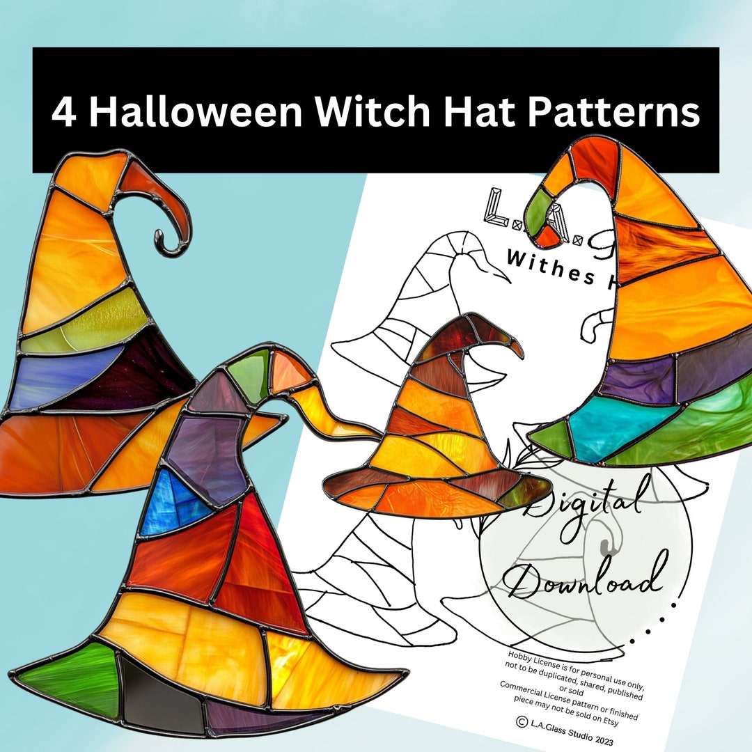 4 Stained Glass Halloween Suncatcher Witch Hat Patterns Download ...