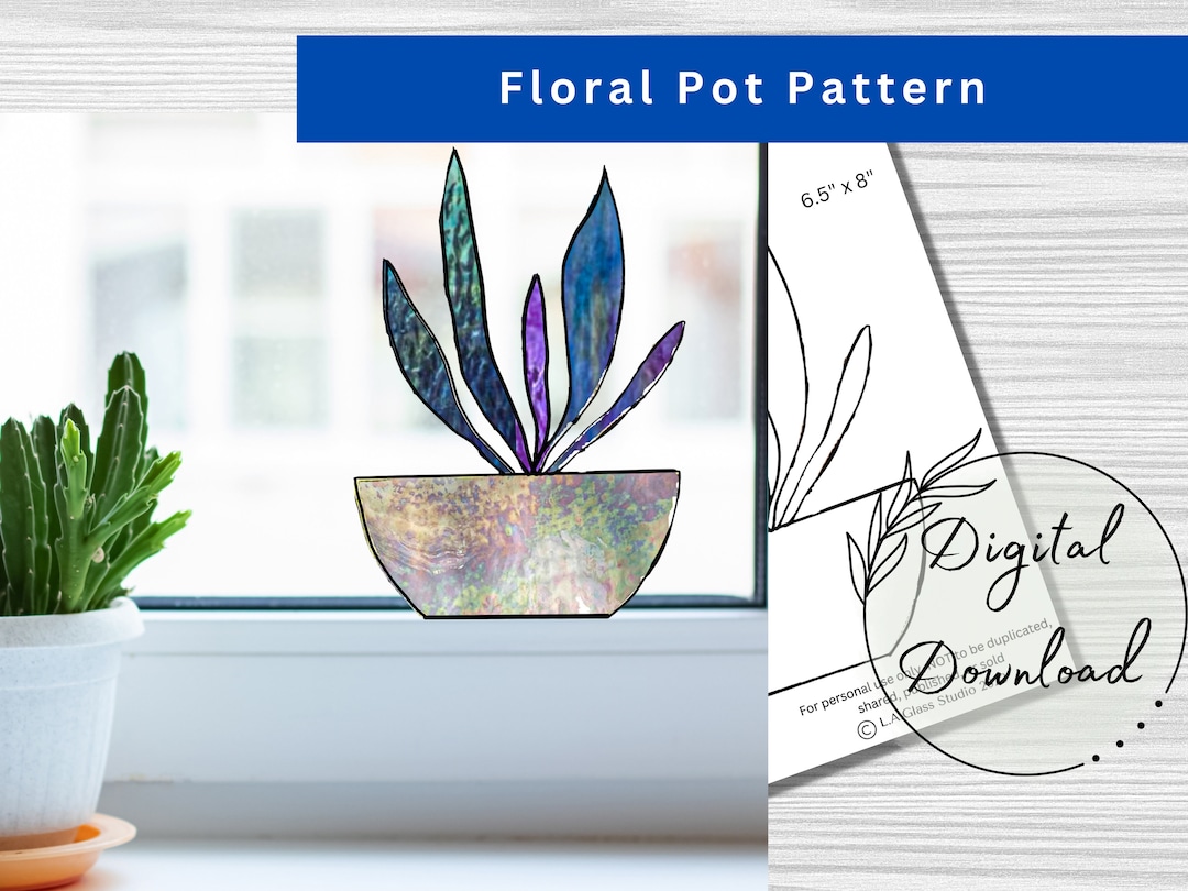 Stained Glass Floral Pot Suncatcher Pattern for Download, Beginner ...