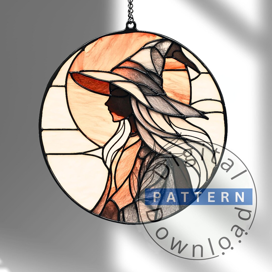 Round Stained Glass Witch Pattern, Modern Mystical Suncatcher, Digital ...