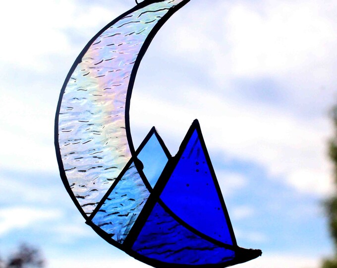 Stained Glass Moon and Mountains Suncatcher, Wall Decor, Blue Mountains ...