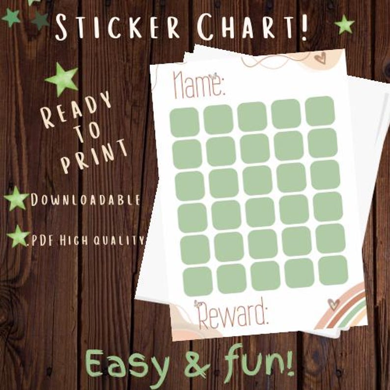Sticker Chart Reward Chart Boho printable Chart Kids Green - Etsy