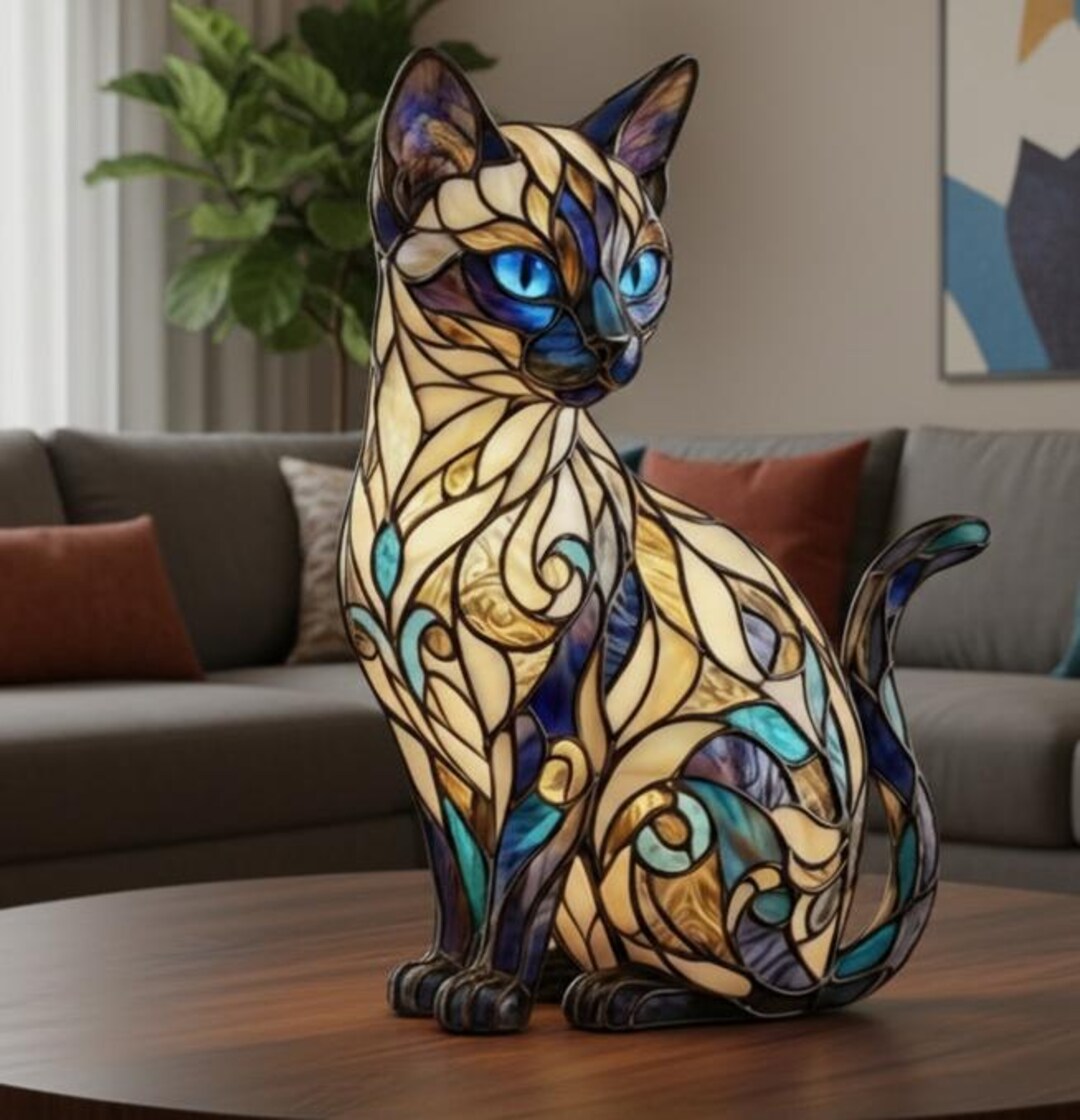 Acrylic Stained Glass Cat Lamp, Colorful Cat Table Lamp, Elegant Cat ...