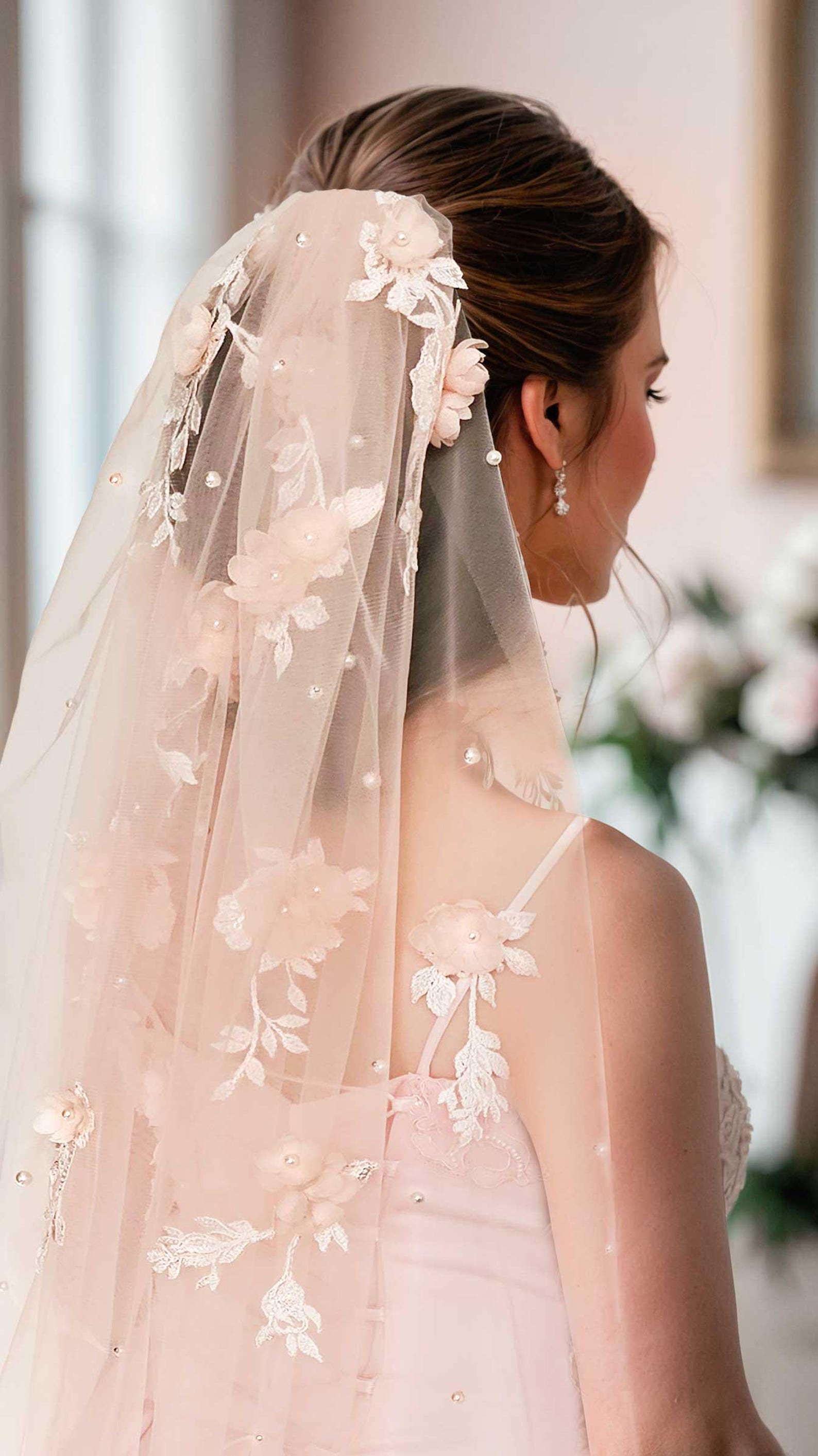 Blush Wedding Veil With 3D Flowers & Pearls: Floral Bridal Veil - Etsy