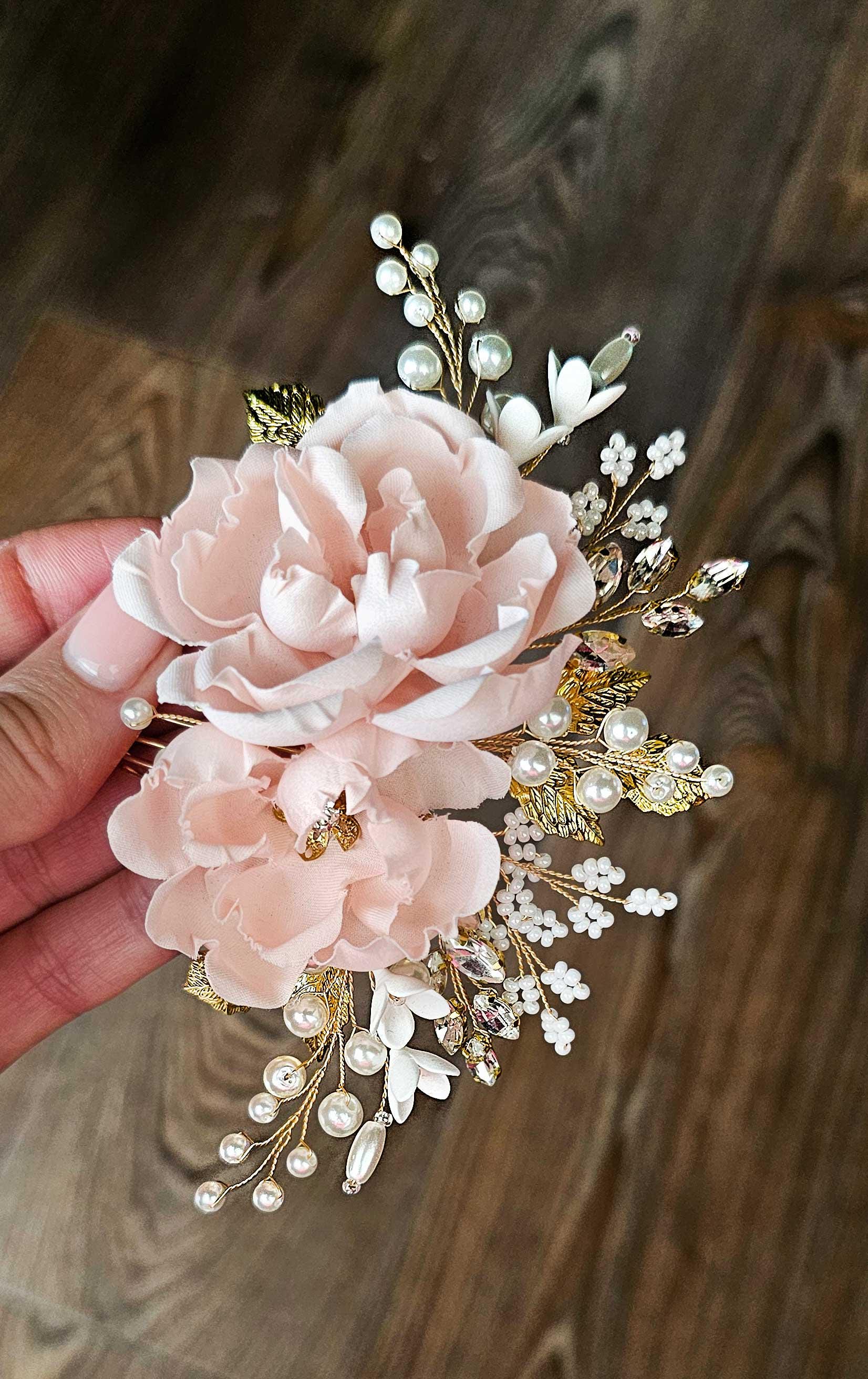 Blush Floral Bridal Hair Comb, Soft Pink Flower Wedding Hairpiece for ...