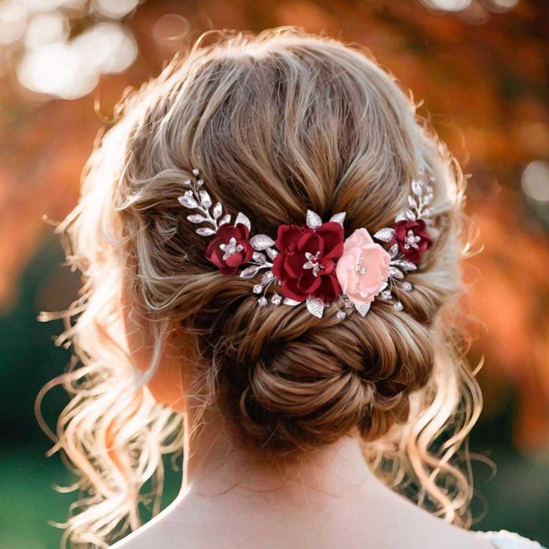 Burgundy Silk Rose Hair Piece: Wedding Hair Vine With Crystals - Etsy