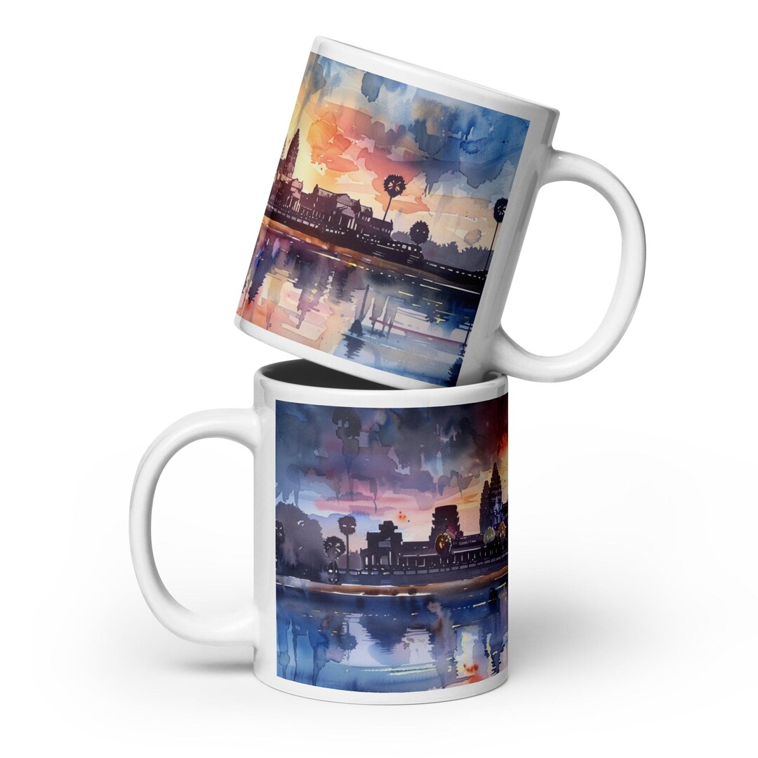 Angkor Wat Dawn Coffee Mug | Serene Morning Dawn Watercolor Wrap Design ...