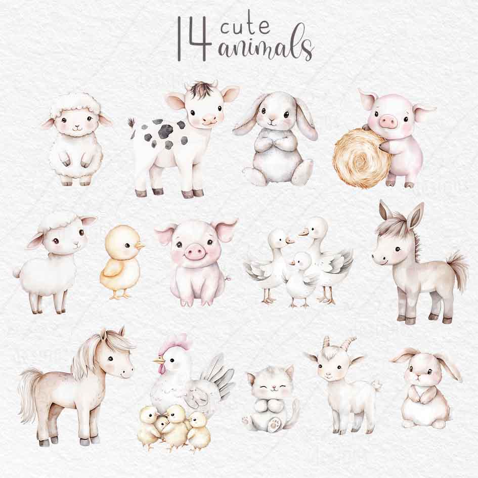 Watercolor Farm Animals Clipart, Cute Baby Farm Animals Clipart, Baby ...