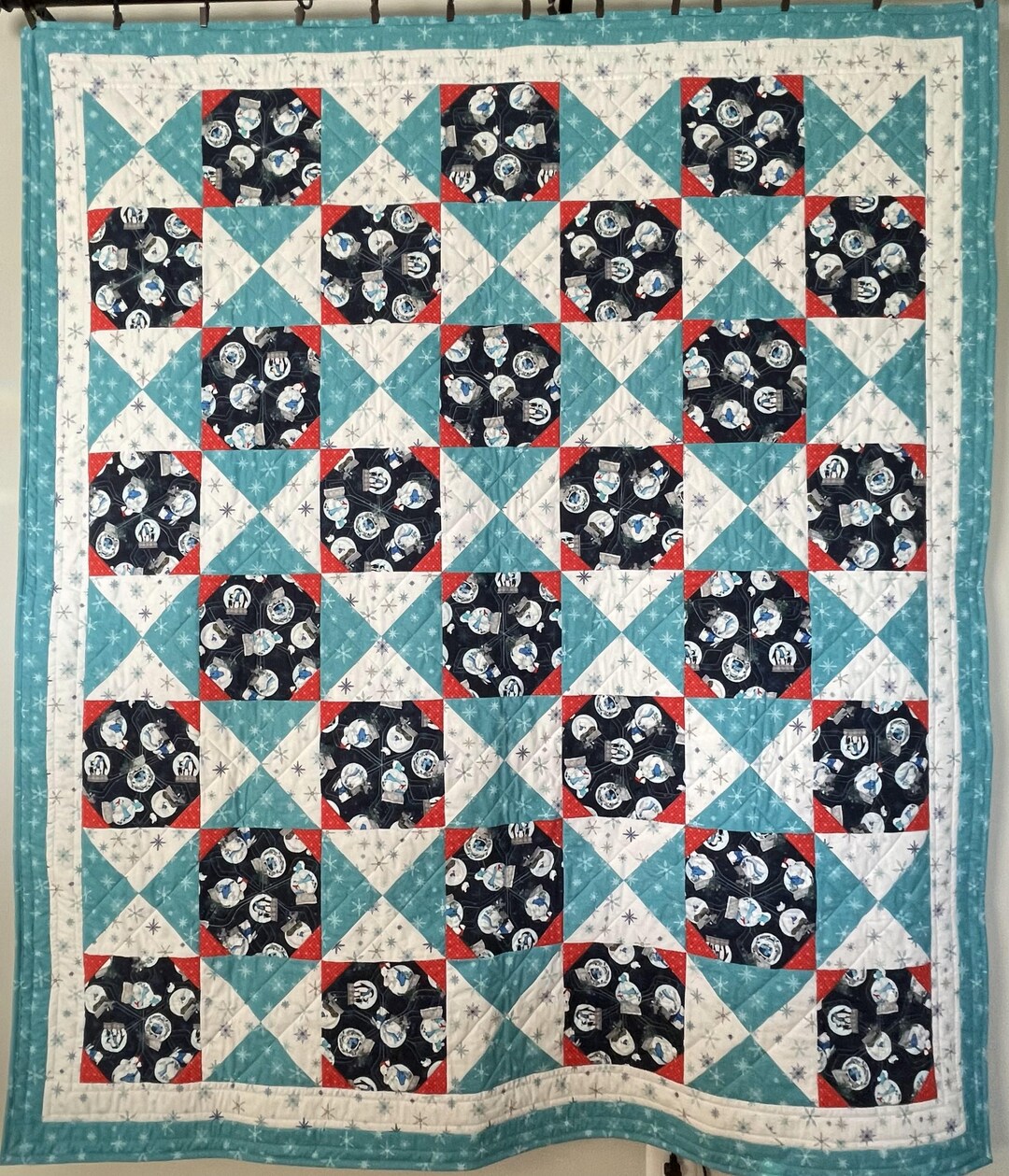 Christmas Snow Globe Animals Quilt, Blues With White & Red, Lap Quilt ...
