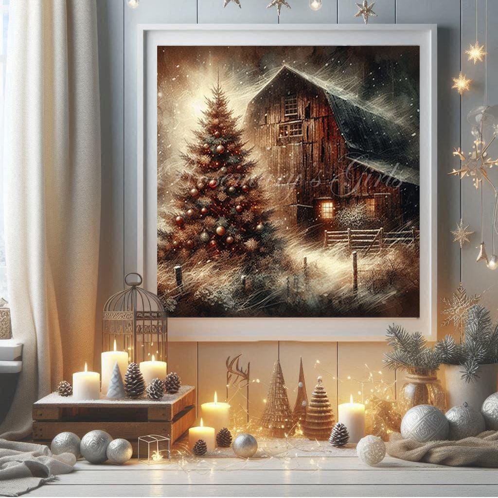 Beautiful Rich Colored Barn in a Vintage Christmas Setting PRINT Ready ...
