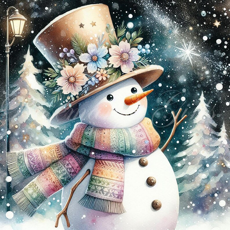Snowman, Winter Setting, Pastel Colors, Flowers Digital Download ...