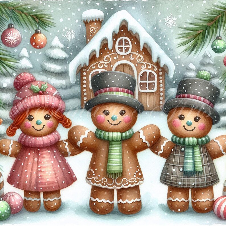 Bundle of 4 Gingerbread Family Images in a Christmas Setting, Digital ...